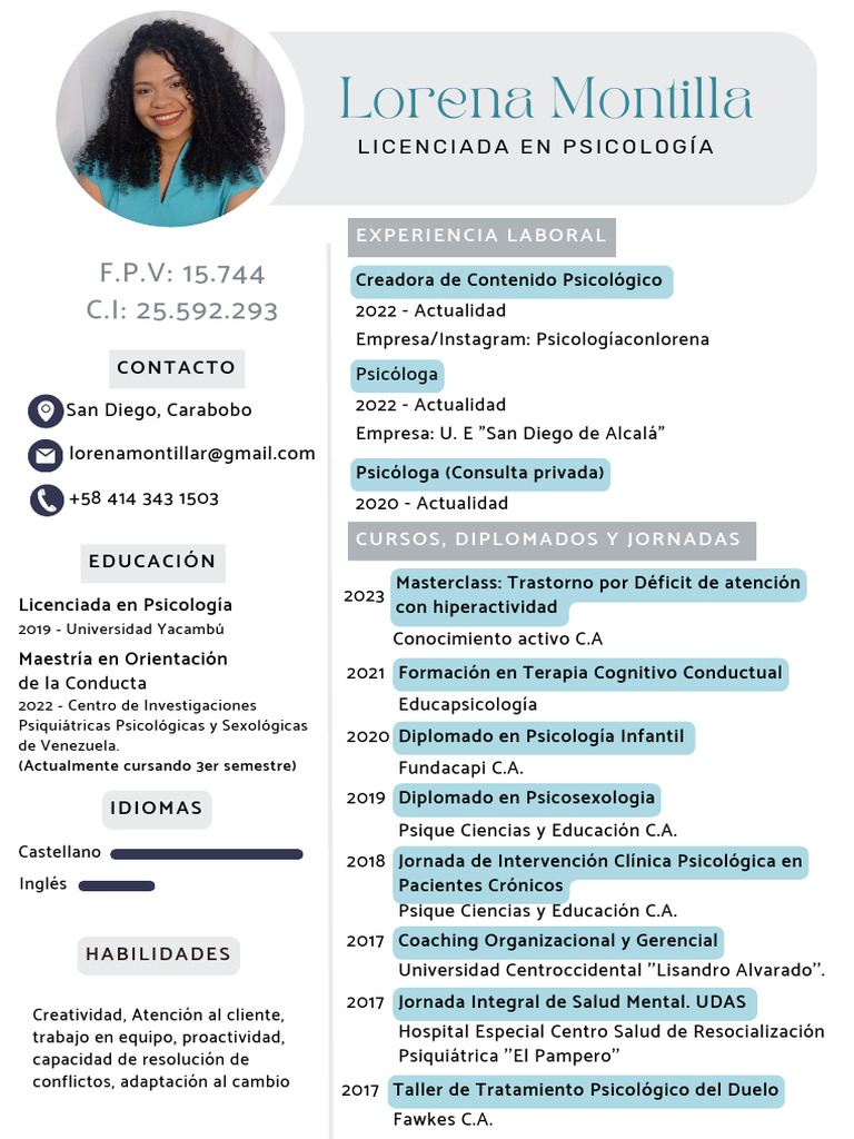 Curriculum de Psic. Lorena Montilla 2023 - 20240910 - 151345 - 0000 | PDF | Sicología | Psiquiatría