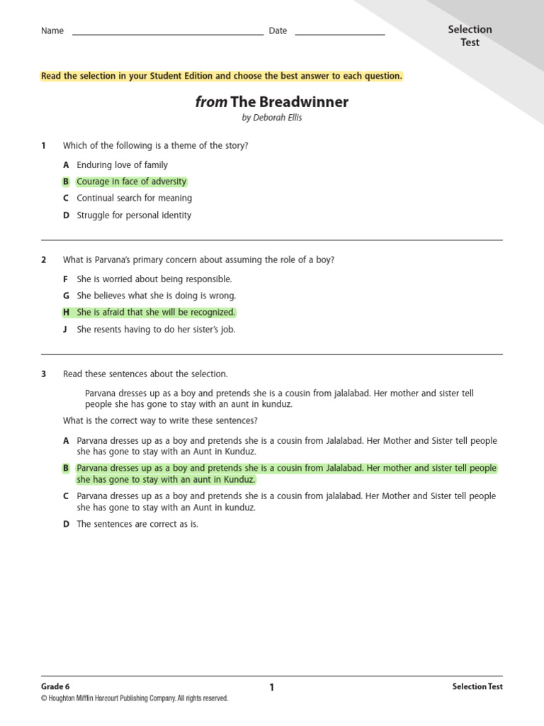 Breadwinner Test 1 4 | PDF