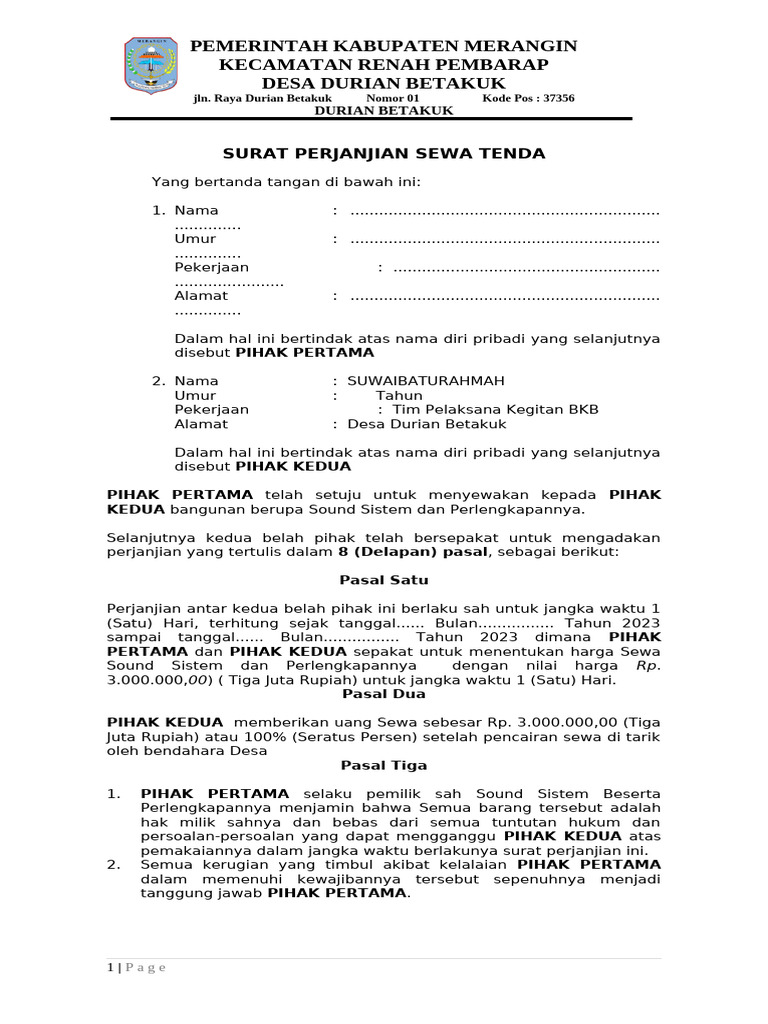 Contoh Surat Perjanjian Sewa DB | PDF