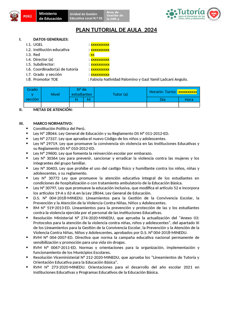 PLAN TUTORIAL DE AULA 2024 - Promotora Fabiola ° | PDF