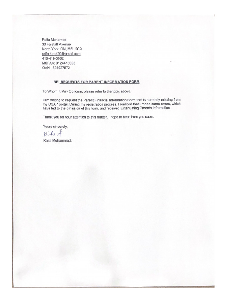 OSAP Letter Raifa | PDF