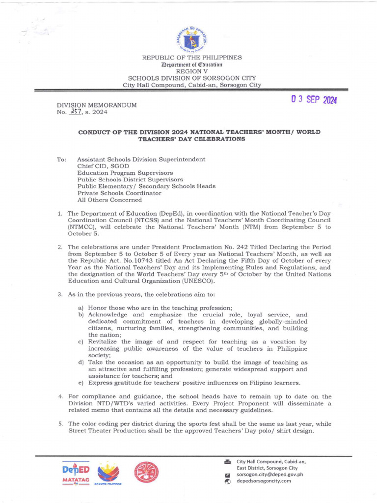 DM2024 257 Conduct of The Division 2024 National Teachers Month World Teachers Day Celebrations ...