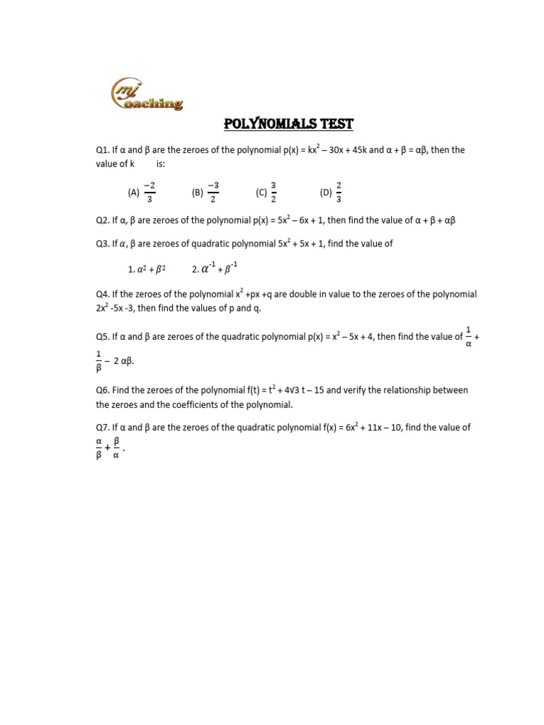 POLYNOMIALS TEST | PDF