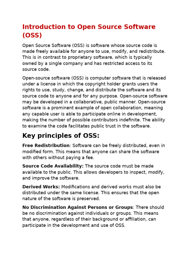 Introduction To Open Source Software (OSS) : Key Principles of OSS | PDF