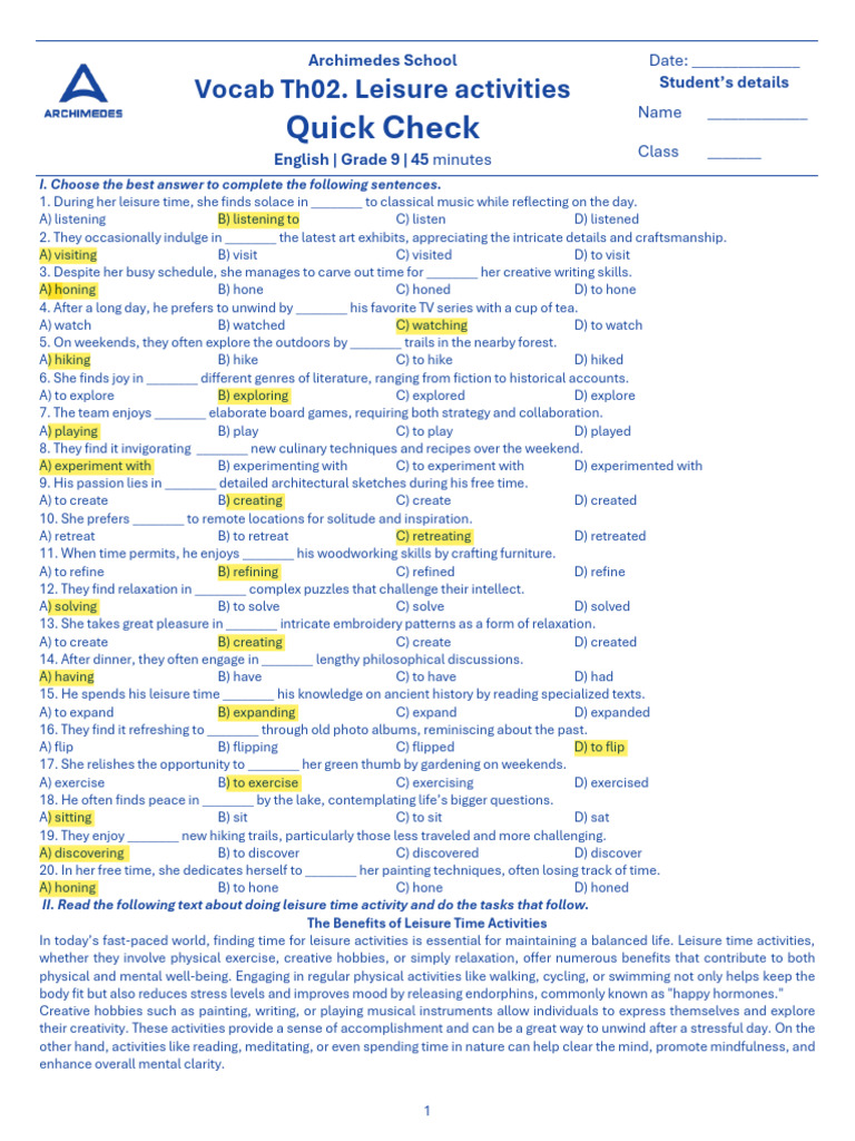Quick Check: Vocab Th02. Leisure Activities | PDF
