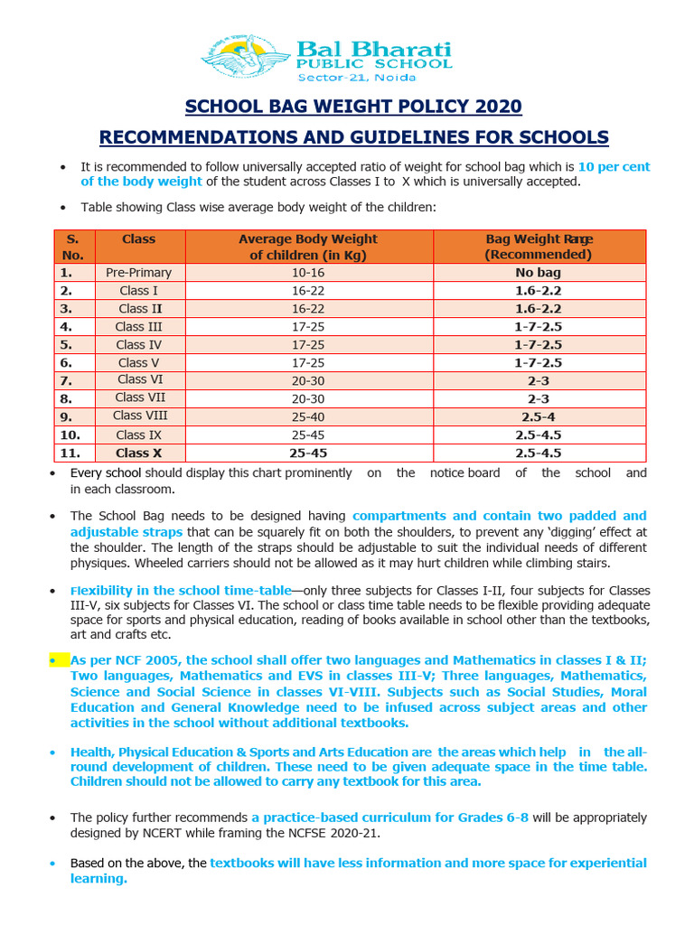 Final Document SCHOOL BAG WEIGHT POLICY 2020 | PDF