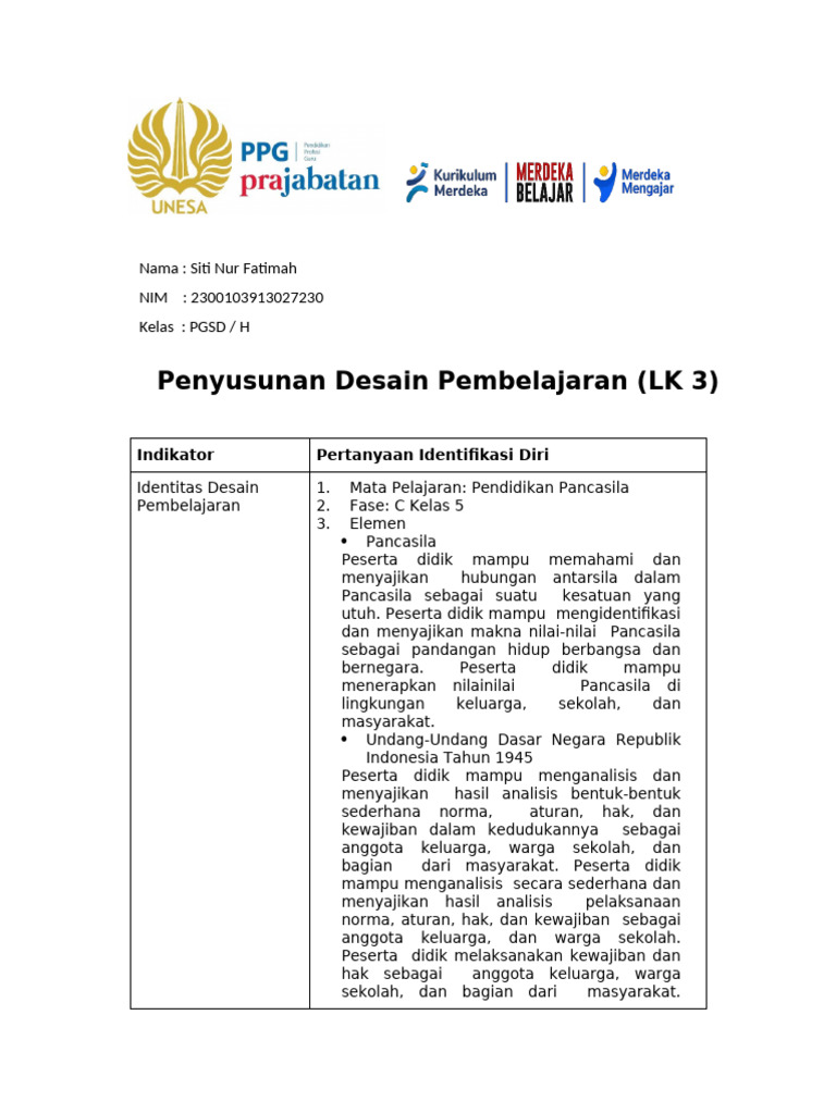 LK3-Format Penyusunan Desain Pembelajaran SITI NUR FATIMAH | PDF