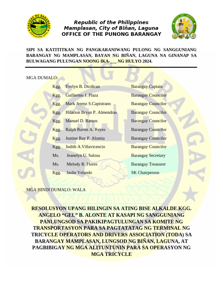 Resolusyon para Sa Pagtatatag NG Terminal NG Grand Tricycle Operators ...