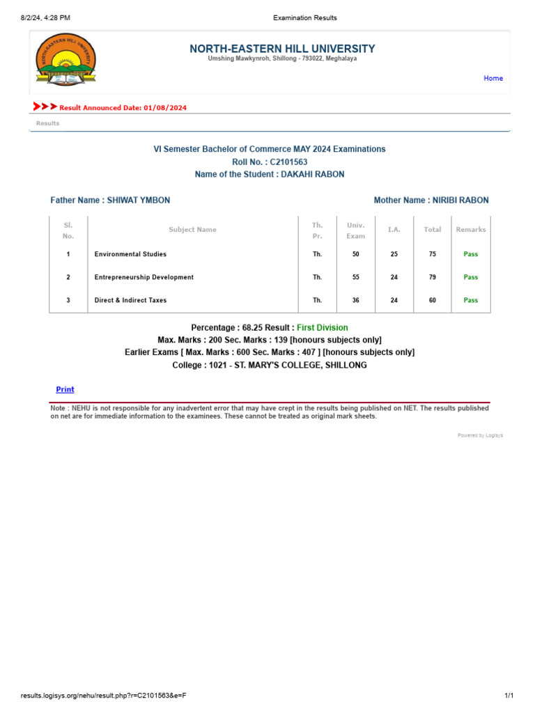 NEHU Result | PDF