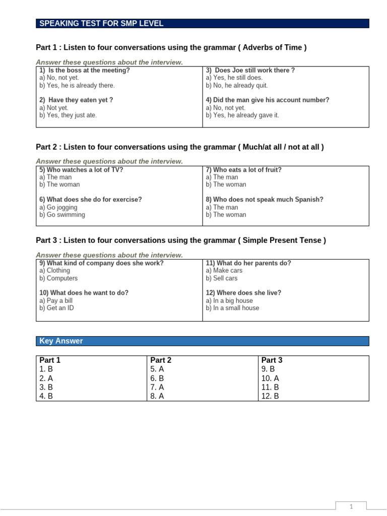 Speaking Test For SMP Level | PDF