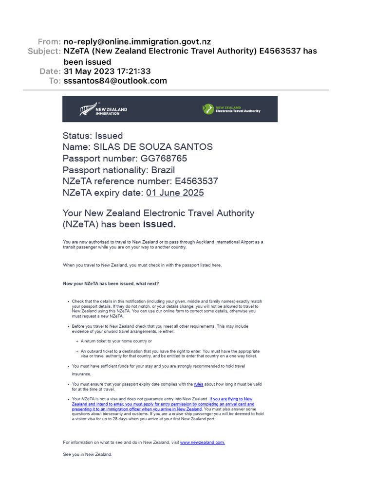 NZeTA (New Zealand Electronic Travel Authority) E4563537 Has Been ...