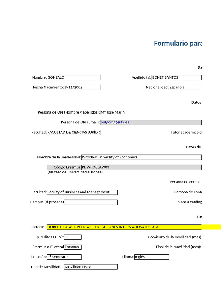 21-22 Formulario Outgoing v3 Erasmus | PDF