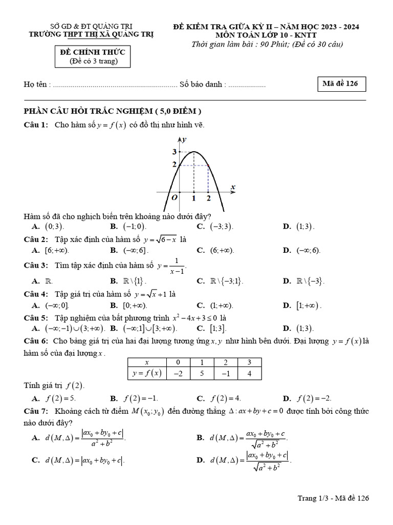 De Giua Hoc Ky 2 Toan 10 Knttvcs Nam 2023 2024 Truong THPT Thi Xa Quang Tri | PDF