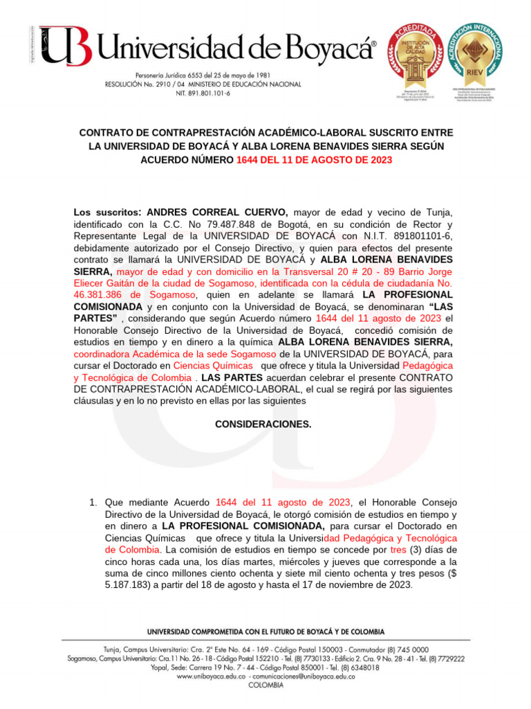 Contrato de Contraprestación Académico Lorena Benavides | PDF