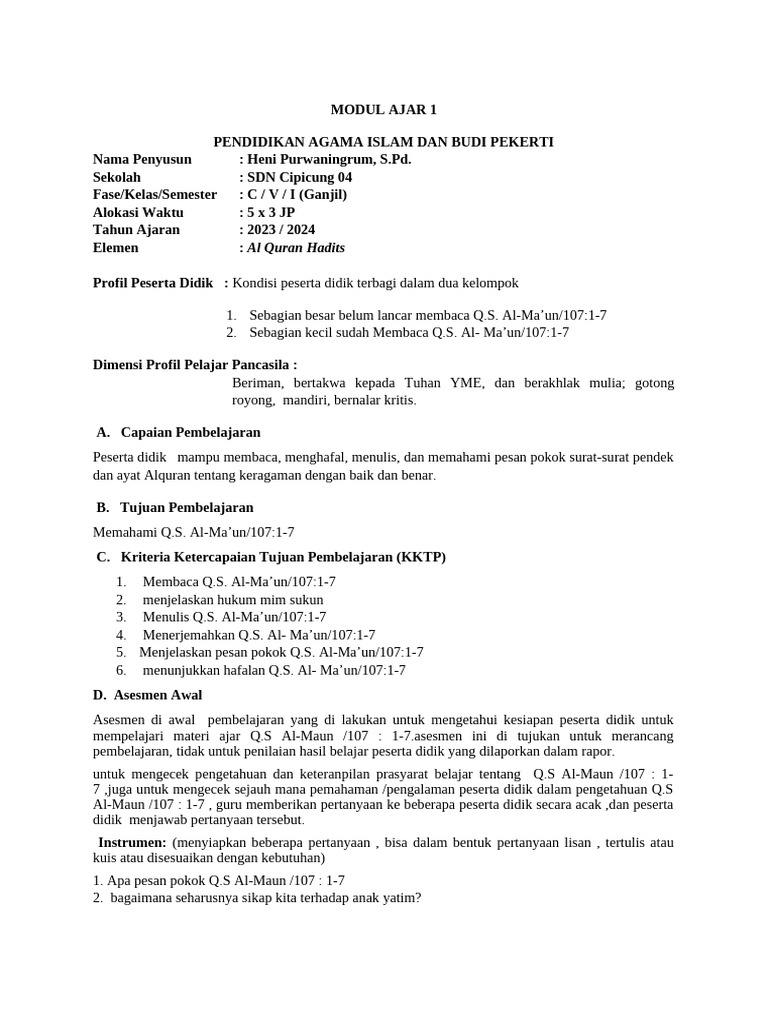MODUL AJAR 1 KLS V SEM 1 PAI... | PDF