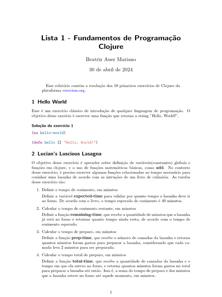 Lista de Exercícios de Clojure | PDF