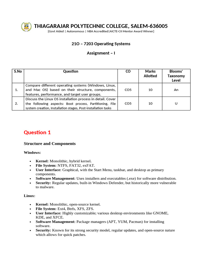 OS - Assignment - I | PDF