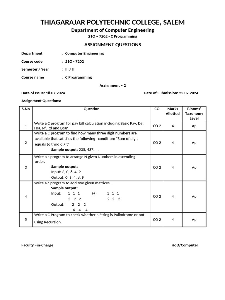 C Programming Assignment 2 Pdf