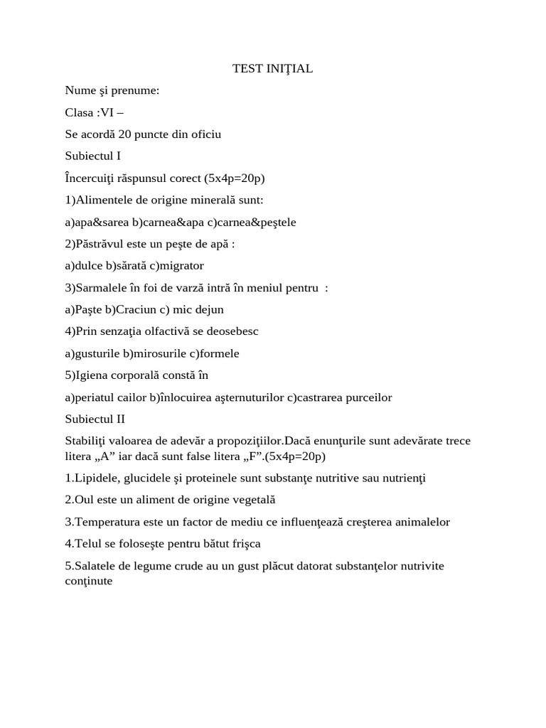 Test Initial Clasa A VI | PDF