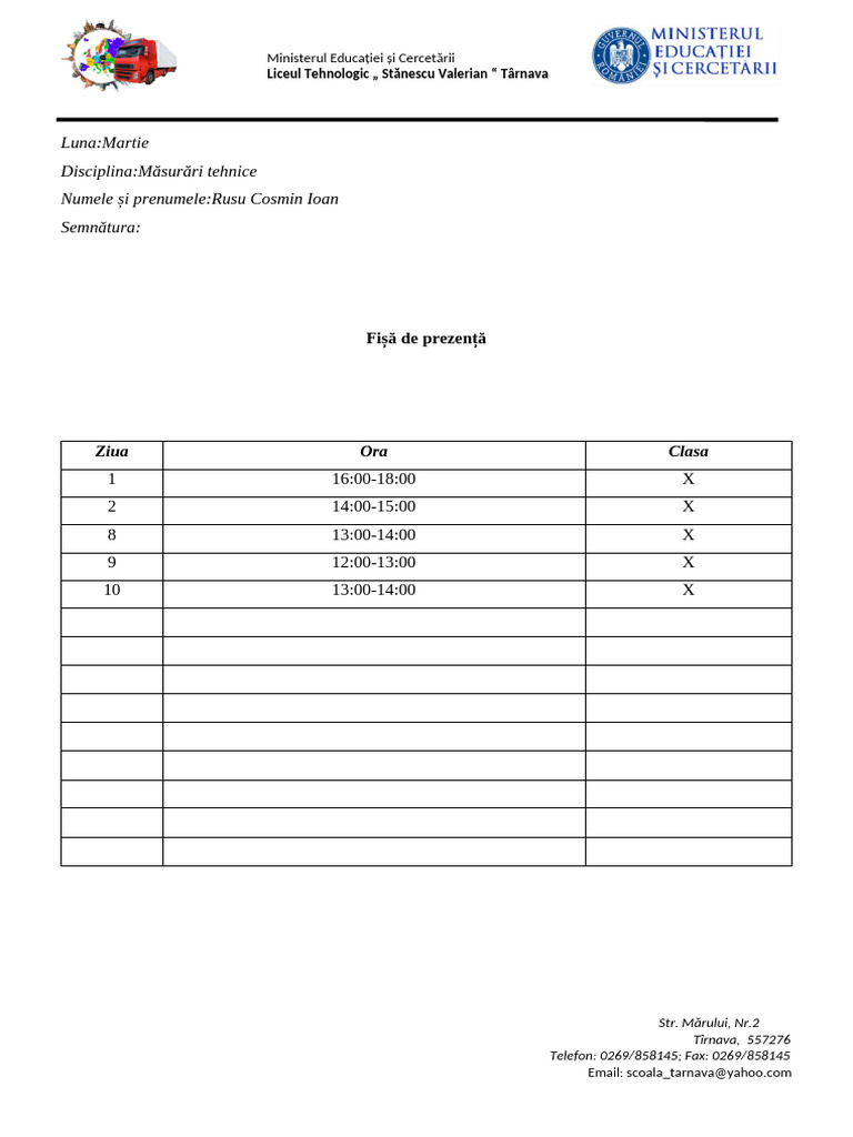 Fisa Pontaj - Martie - Masurari Tehnice | PDF