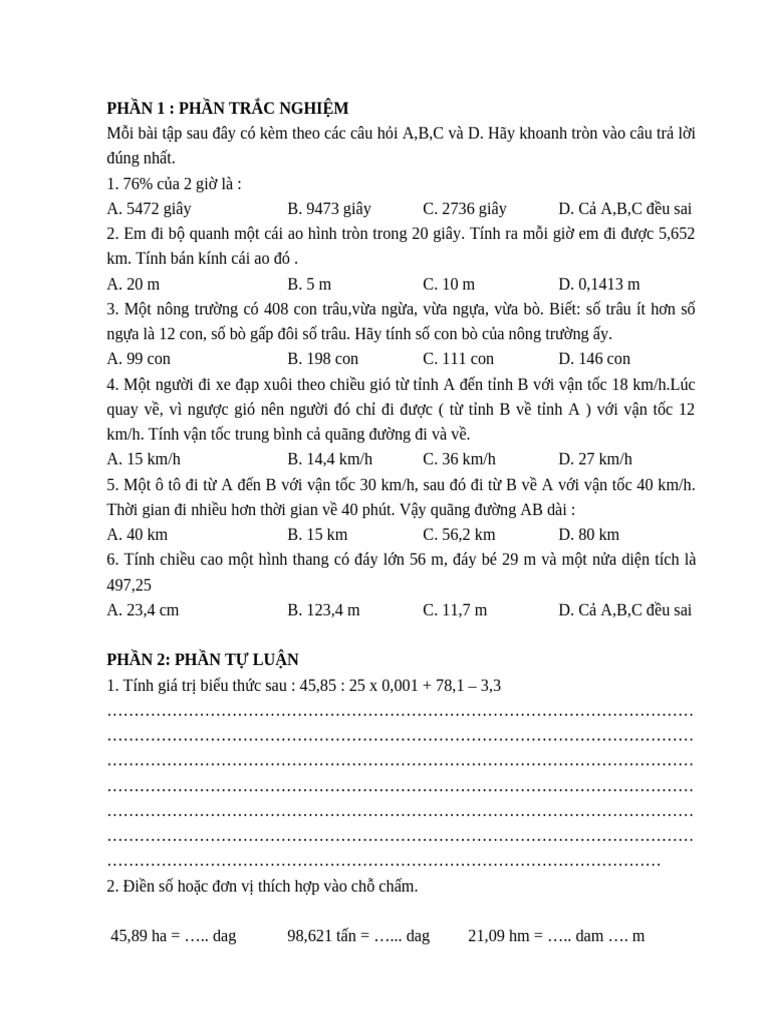 Bo de On Tap He Toan Lop 5 | PDF