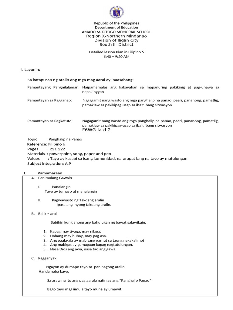 Lesson Plan For COT Grade 6 Filipino | PDF