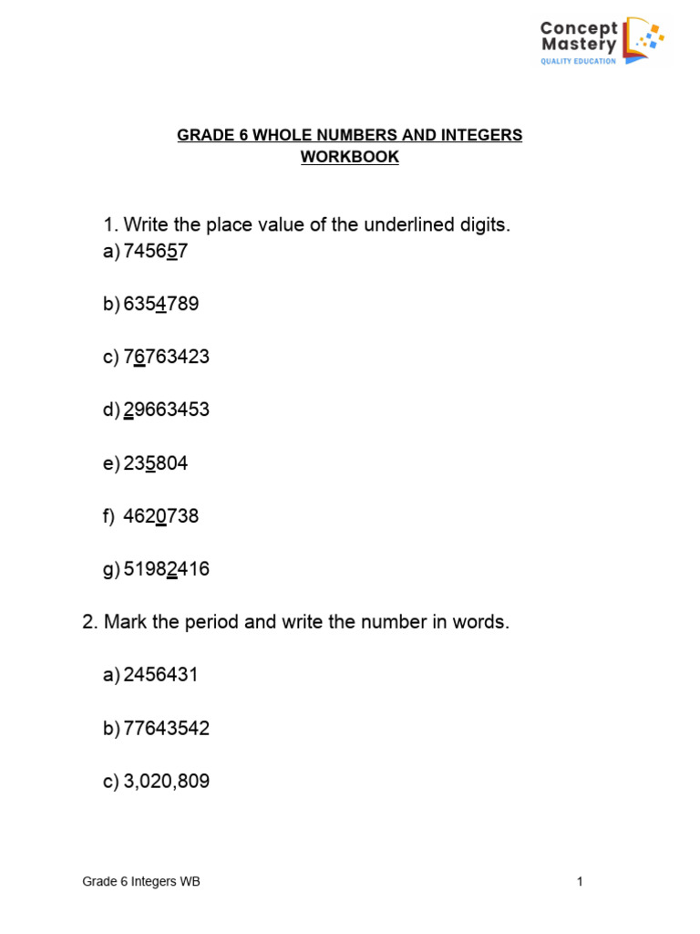 Grade 6 Integers WB | PDF