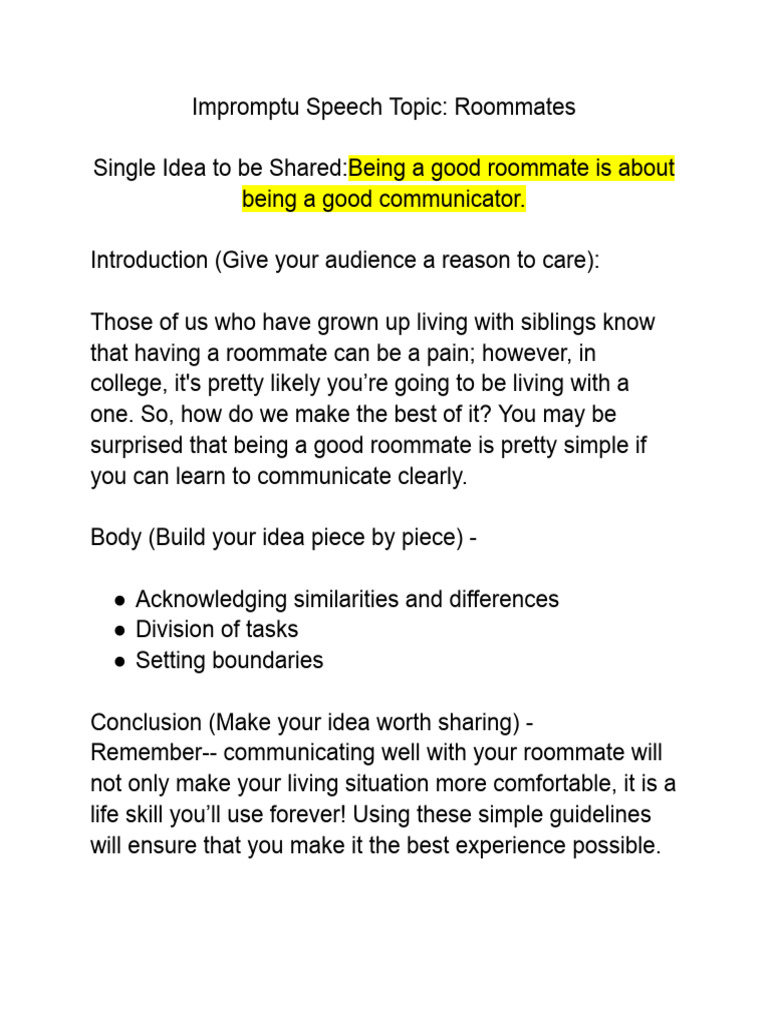 Impromptu Speech Topic Sample Outline - Roommates | PDF