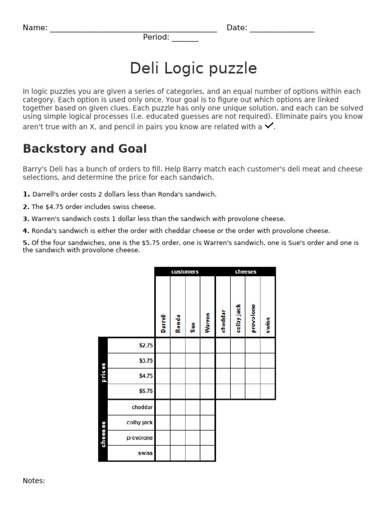Deli Logic Puzzle | PDF