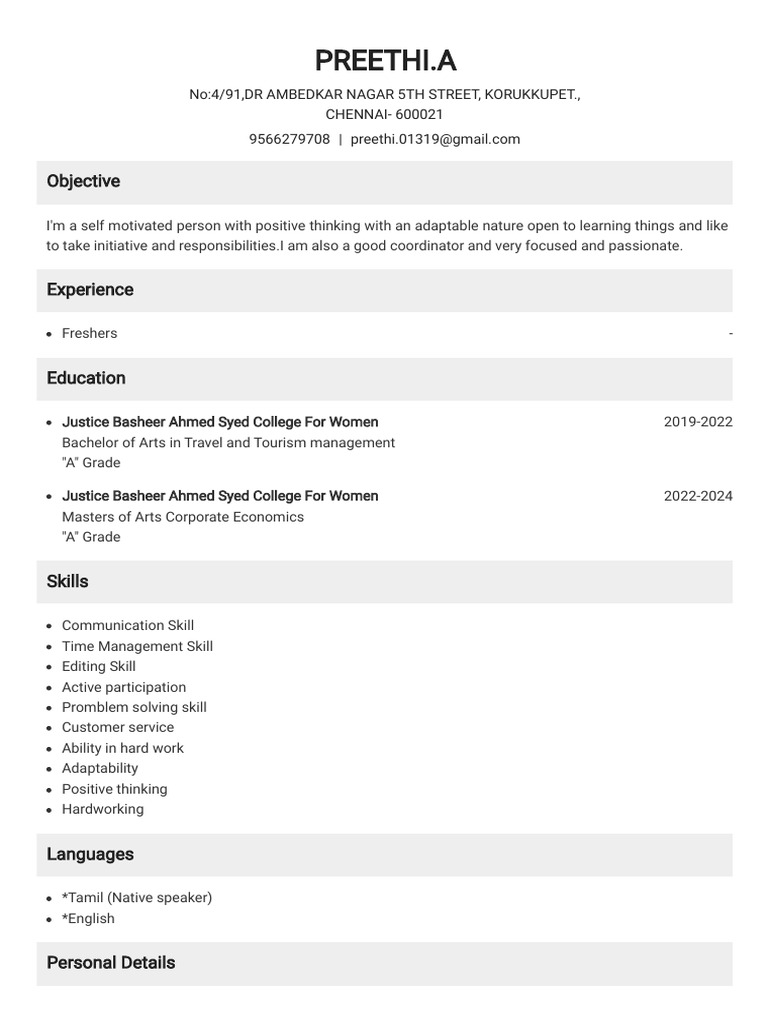 Resume of Preethi A: Fresh Graduate | PDF