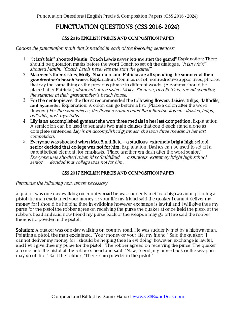 Punctuation Questions (CSS 2016 - 2024) | PDF