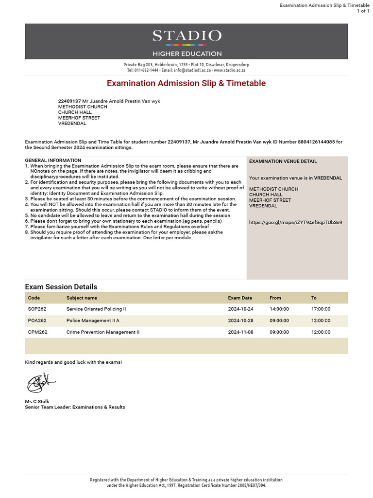 Exam Admission Slip | PDF