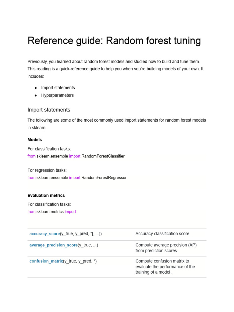 Reference Guide - Random Forest Tuning | PDF