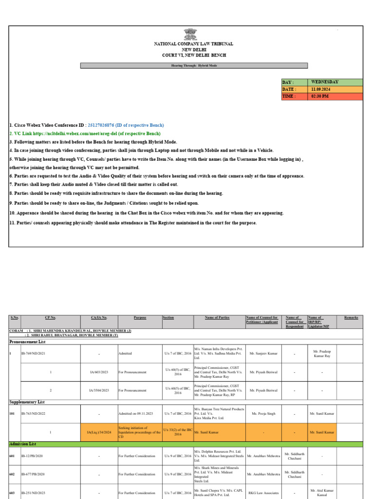 Cause List 11.09.2024 | PDF