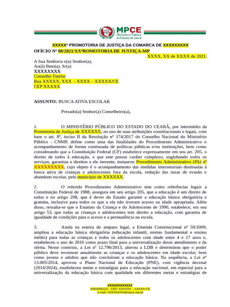 Minuta de Oficio Conselho Tutelar Busca Ativa Escolar | PDF