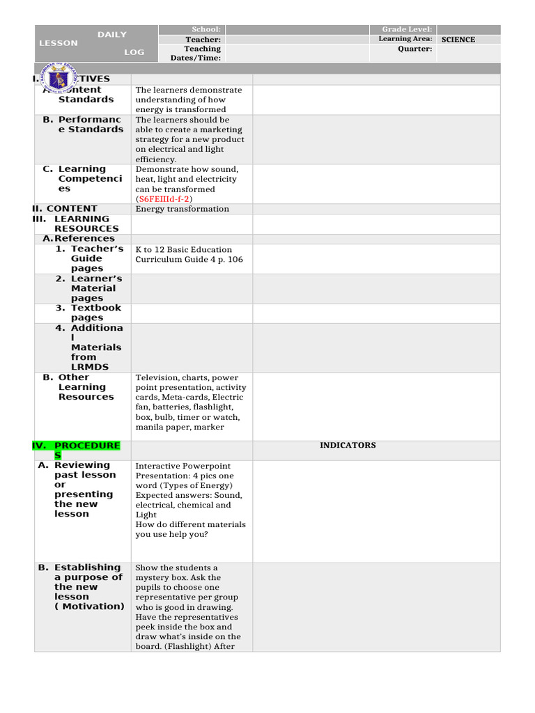 Sample Lesson Plan With Indicators | PDF