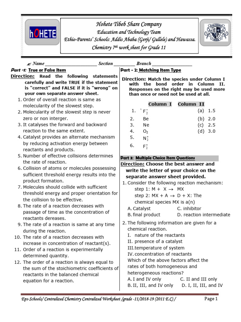 Grade 11 Chemistry Worksheet | PDF | Reaction Rate | Chemical Reactions