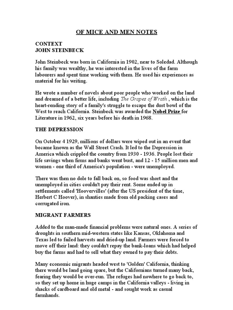 Of Mice and Men Notes | Download Free PDF | John Steinbeck