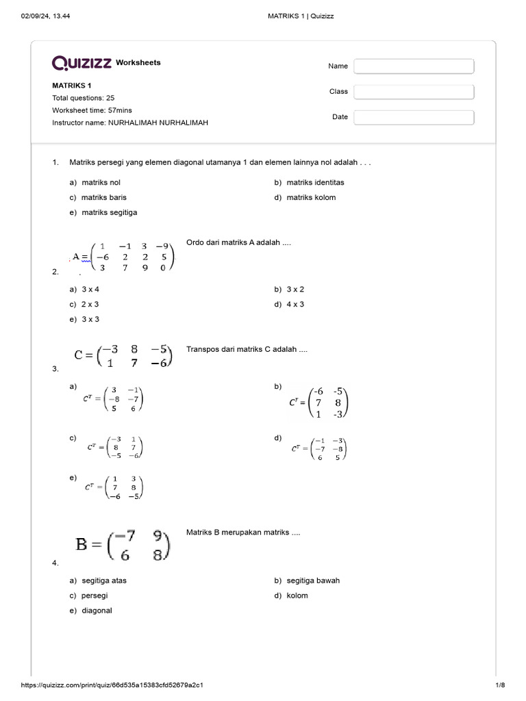 Latihan Soal Matriks Kelas XI | PDF