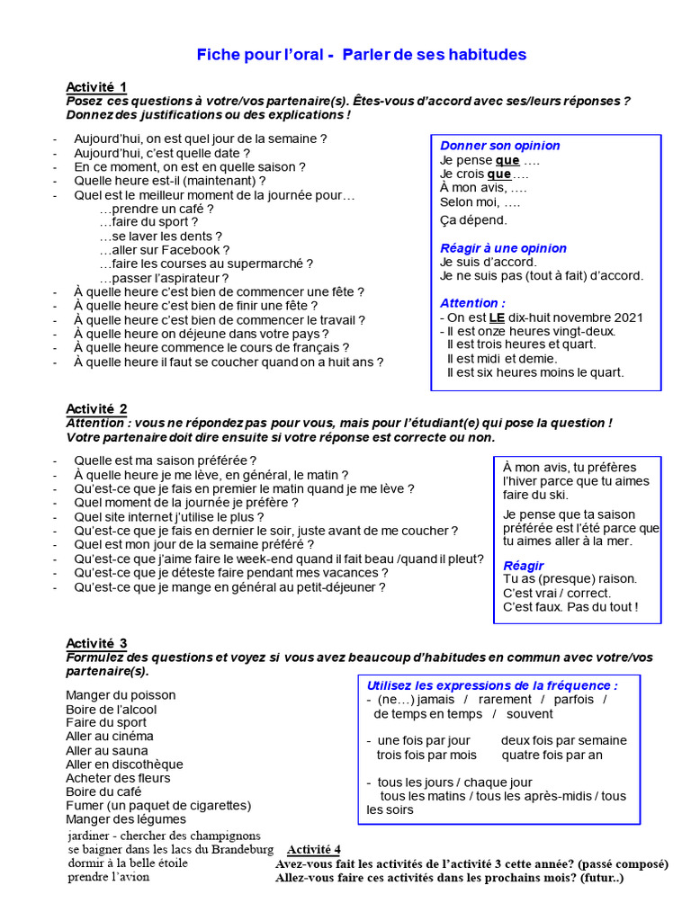 Fiche Oral - Parler de Ses Habitudes | PDF