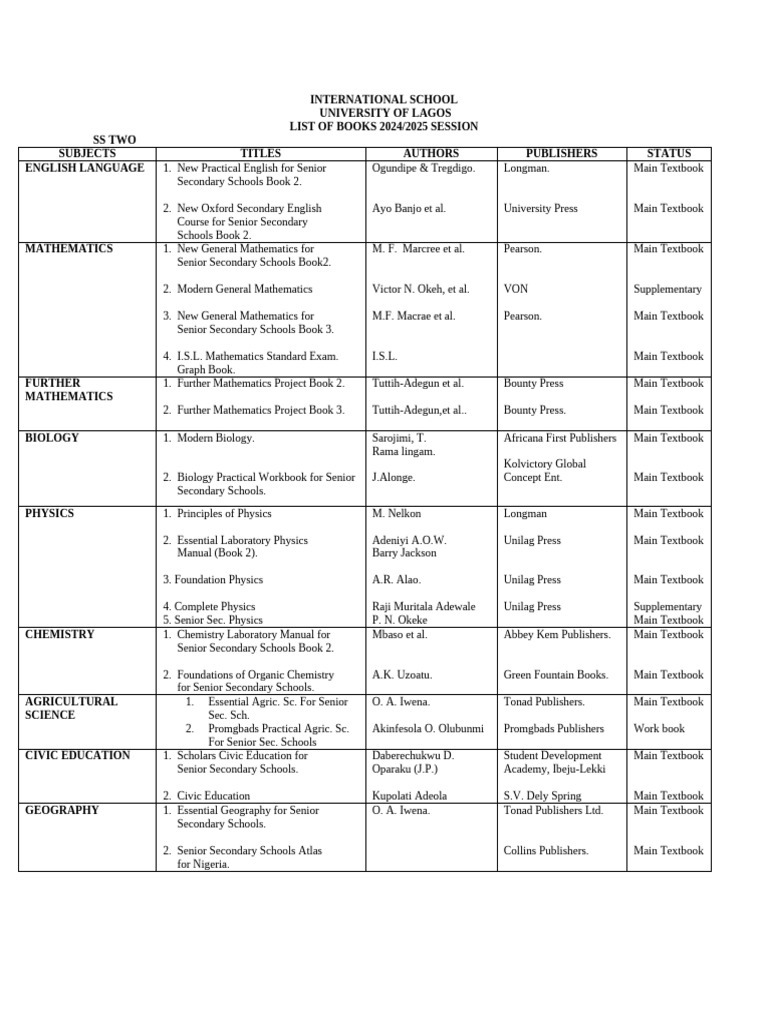 List of Book For SS2 2024-2025 | PDF