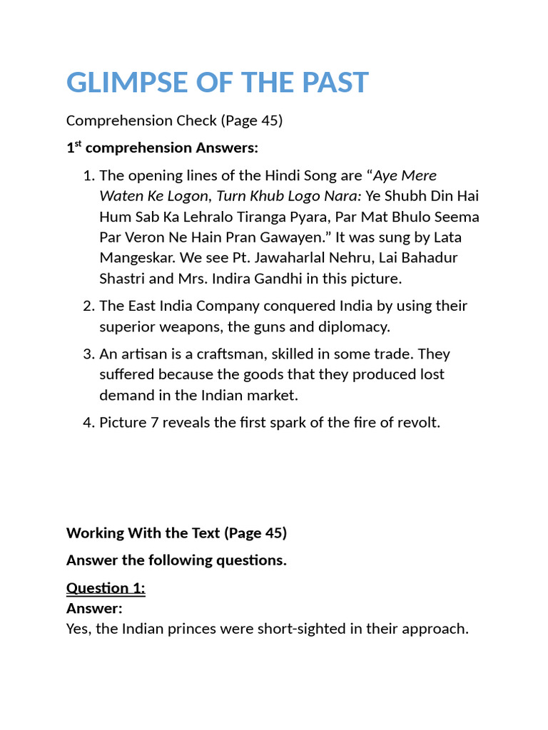 Glimpse of The Past: 1 Comprehension Answers | PDF