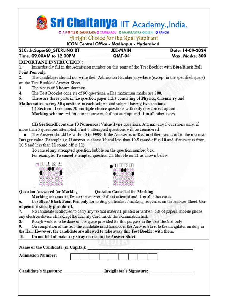 14-09-24 - JR - Super60 - STERLING BT - Jee-Main - QMT-04 - Q.Paper | PDF | Force | Collision