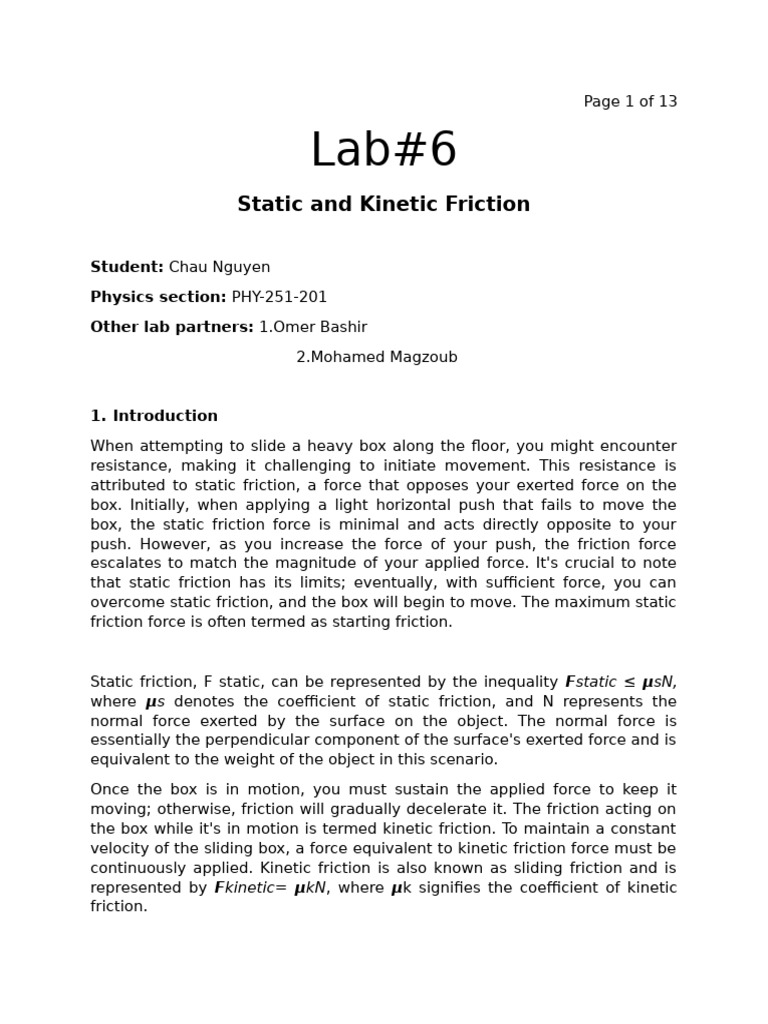 Chau - Nguyen - Labreport - 06 - Static and Kinetic Friction - Spring2024 | PDF