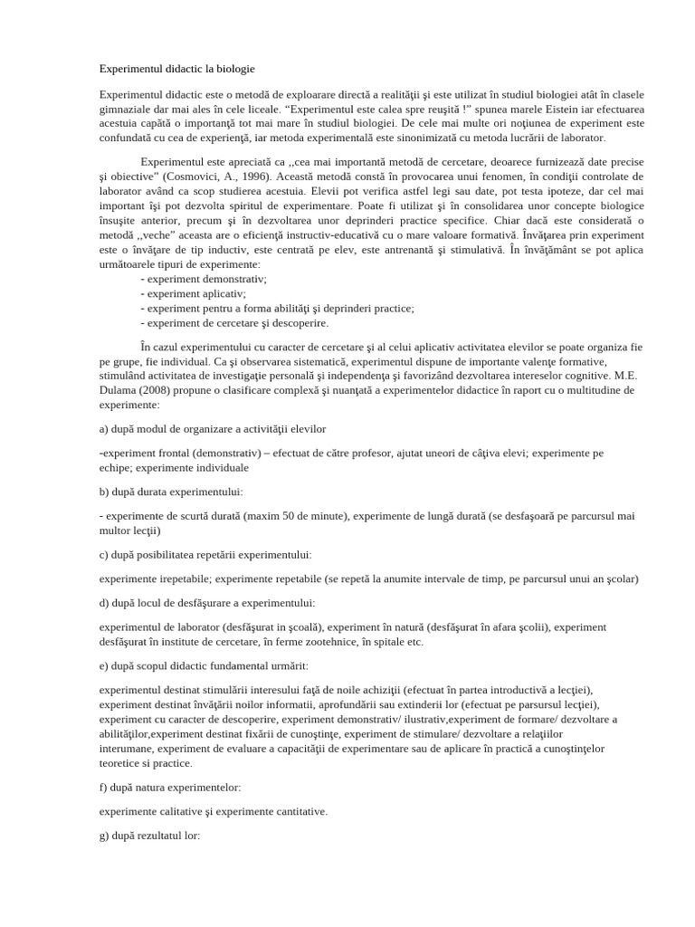 Experimentul didactic la biologie | PDF