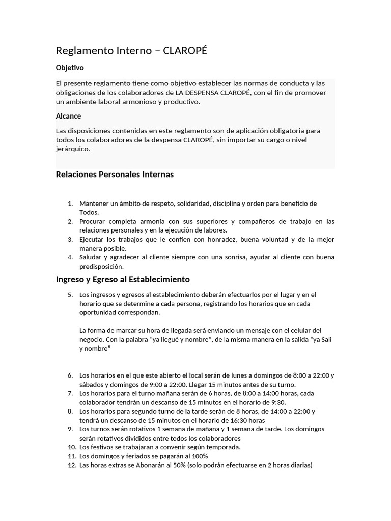 Reglamento Interno | PDF