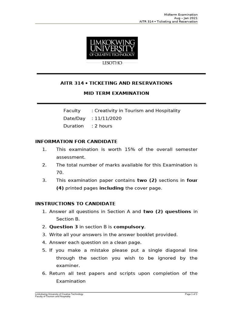 Aitr 314 - Ticketing and Reservations Midterm 2020 | PDF