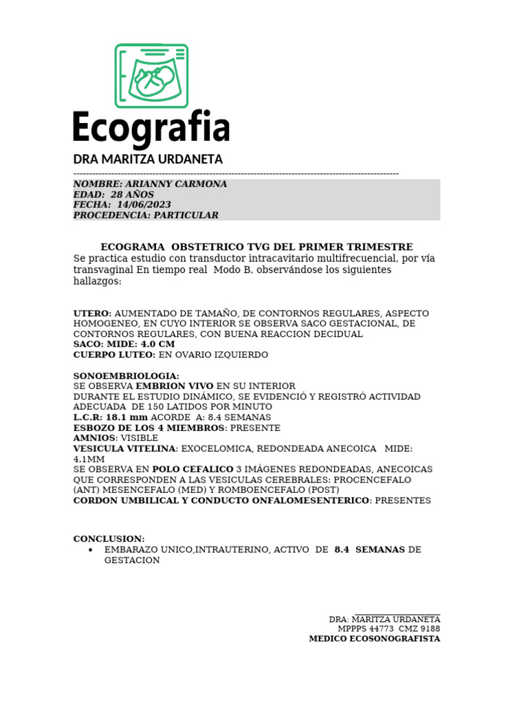 Primer Trimestre Ecograma Obstétrico | PDF