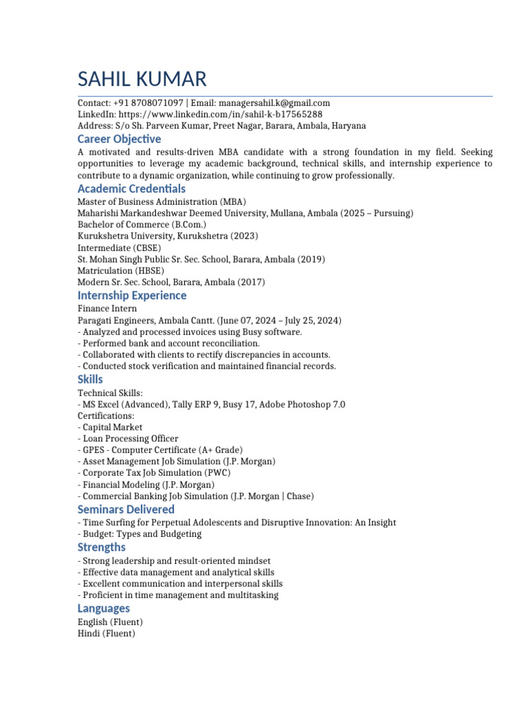 Sahil Resume Professional | PDF