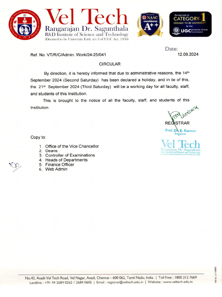 041 Circular - Administrative Work (Holiday) - Reg | PDF